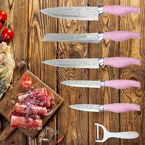 Kitchen Knives Set,7 Pcs Knife Block Set with Heart Acrylic Knives Holder Block,Non-stick Stainless Steel Cooking Knives Sets for Chef Cooking Cutting (Pink02)