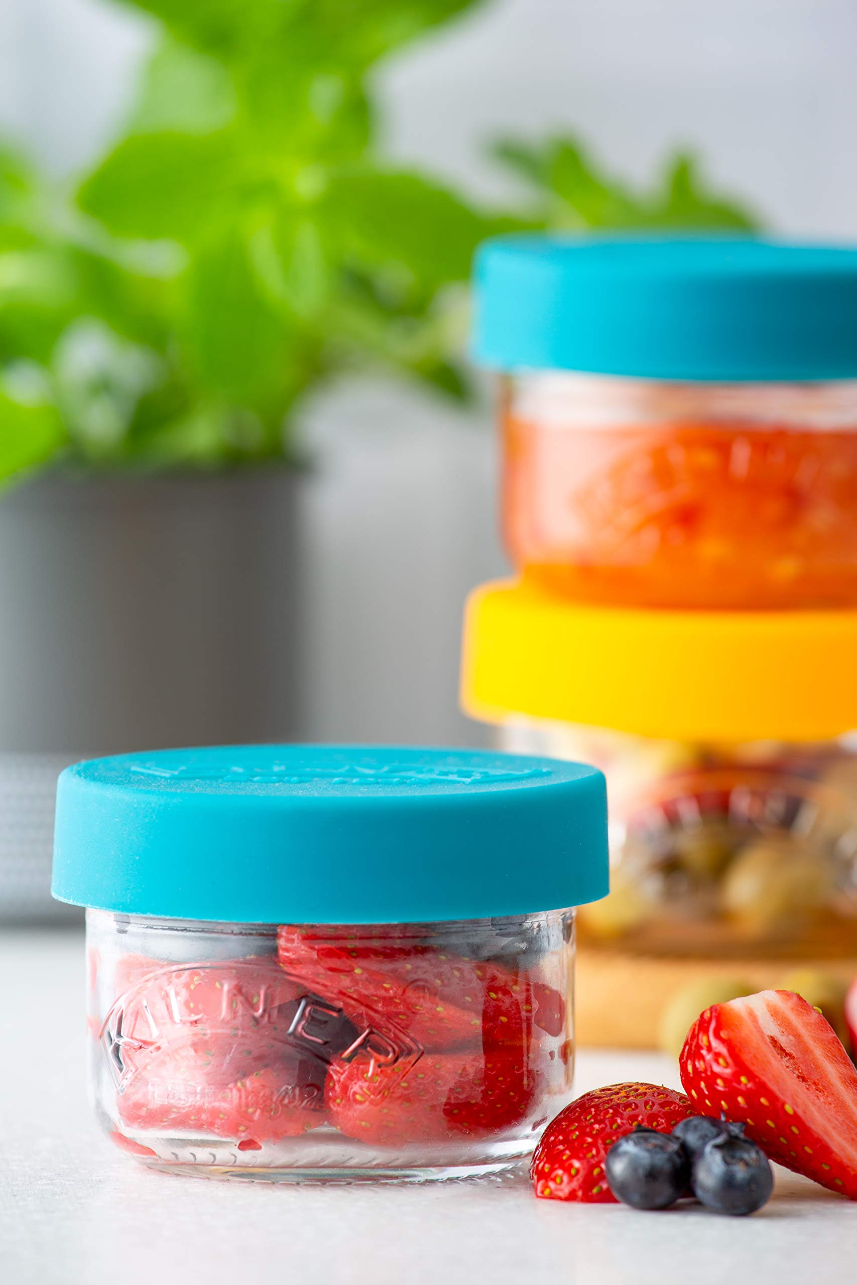 Kilner 0.125L Set of 2 Glass Store Pots 125ml with Push Top Silicone Lids | Perfect for Snacks & Food Storage, Clear, Blue and Yellow
