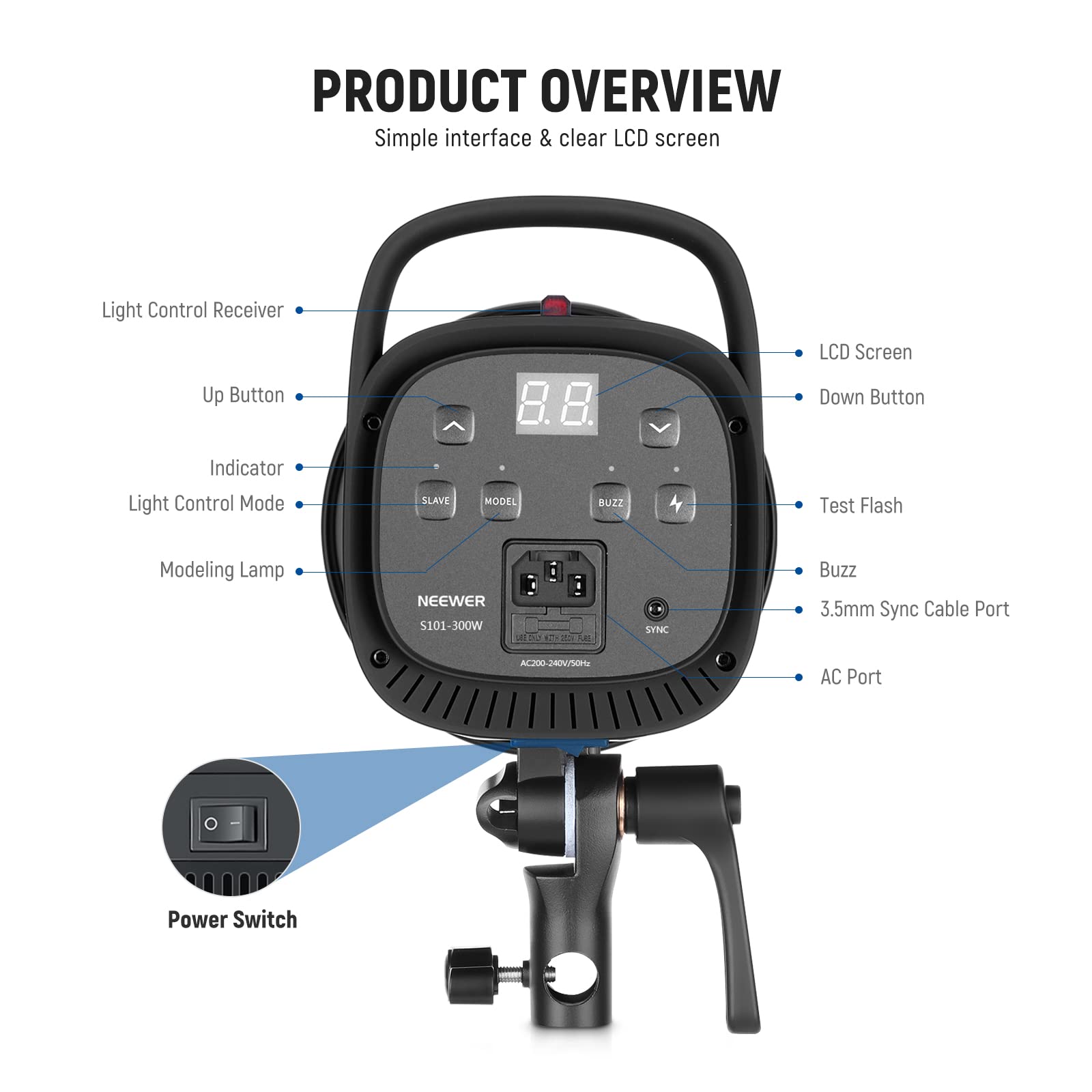 NEEWER Upgraded S101-300W Studio Monolight Strobe Flash 300W 5600K All Metal with Optical Slave Mode, Adjustable Brightness/Modeling Lamp/Bowens Mount/Silent Fan for Product Portrait Photography