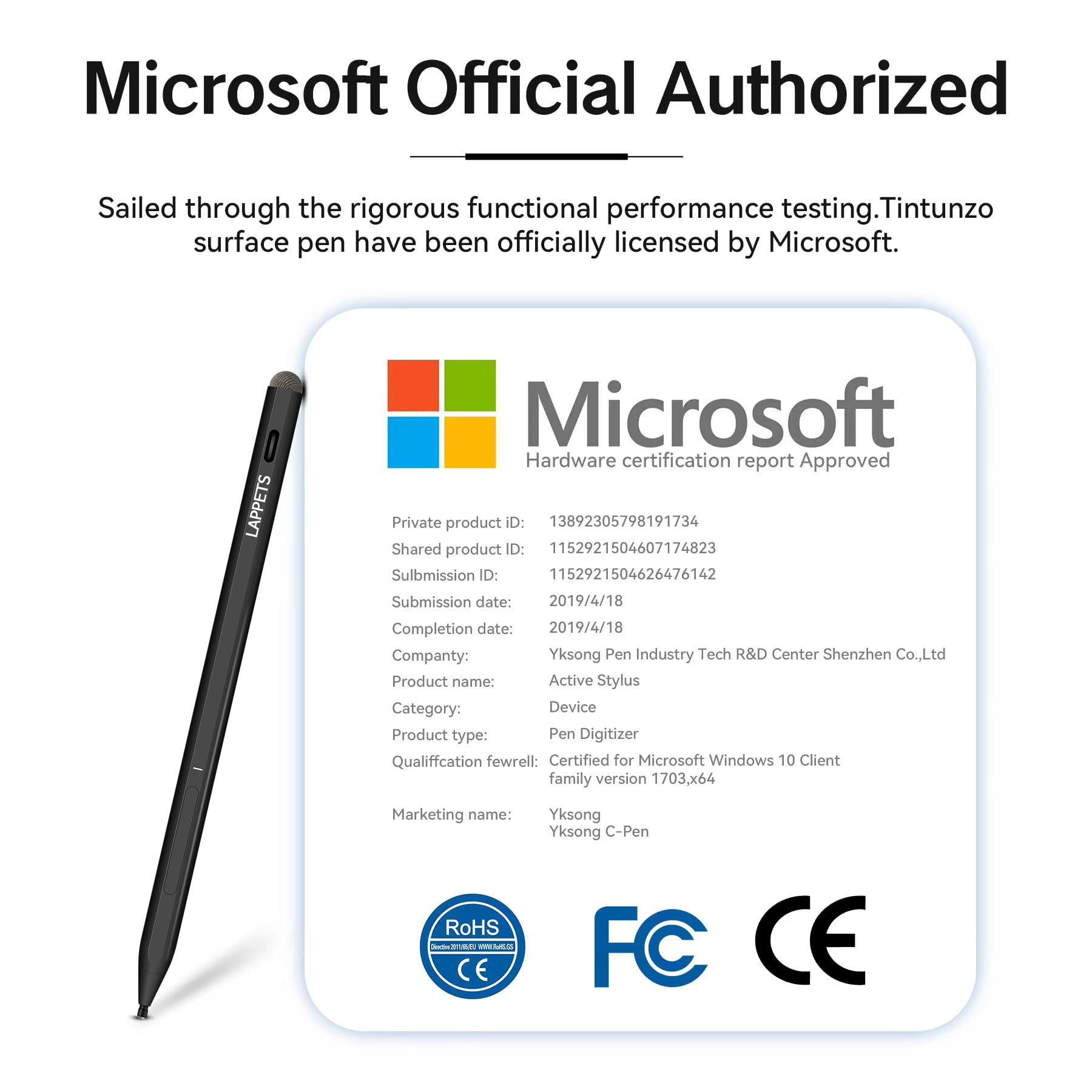 Lappets Stylus Pen Compatible for Surface Pro X/3/4/5/6/7/8, Official Authorized Tablet Pen with Real-time Writing, Pinpoint Accuracy, Surface Laptop/Book 3/2/1, Surface Go 2/Go