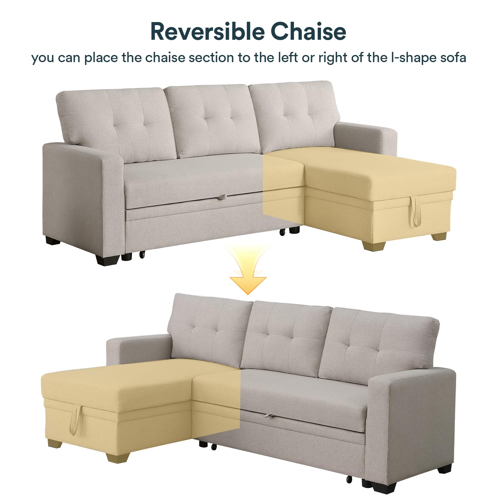 Skepphlay L Shaped Couch Sleeper Sectional Sofa Pull Out Sofa Bed Convertible Sleeper Sofa with Storage for Home Living Room, Beige