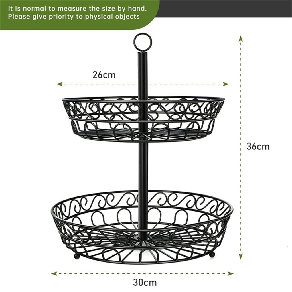 N/A 2 Tier Metal Fruit Plate Basket Detachable Countertop Vintage Hollow Out Black Tray Stand Holder
