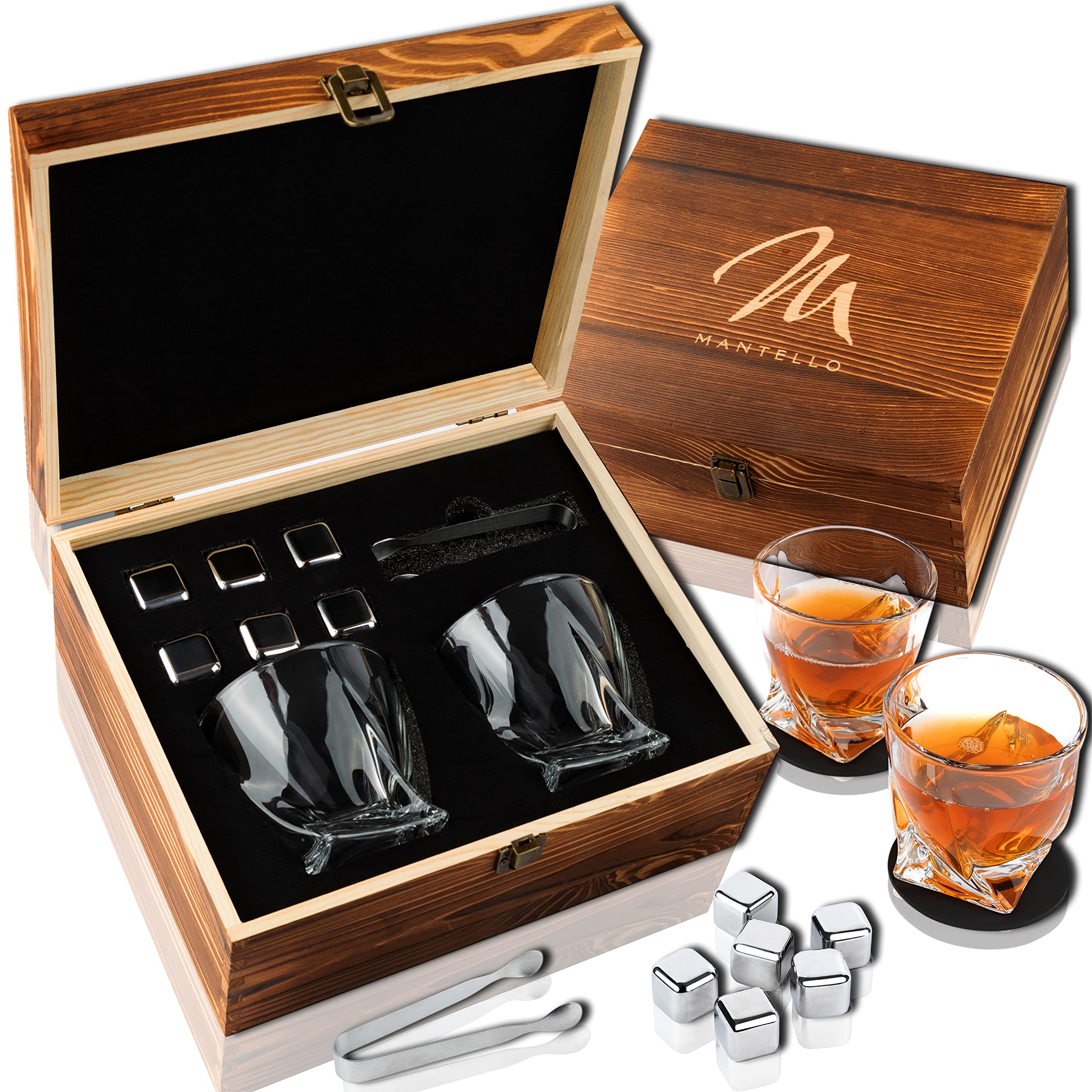 Mantello Whiskey Stones Gift Set for Men - Whiskey Glass Set of 2 with Stainless Steel Whiskey Stones - Whiskey Gifts for Men, Whisky Glasses and Whiskey Stones Rocks