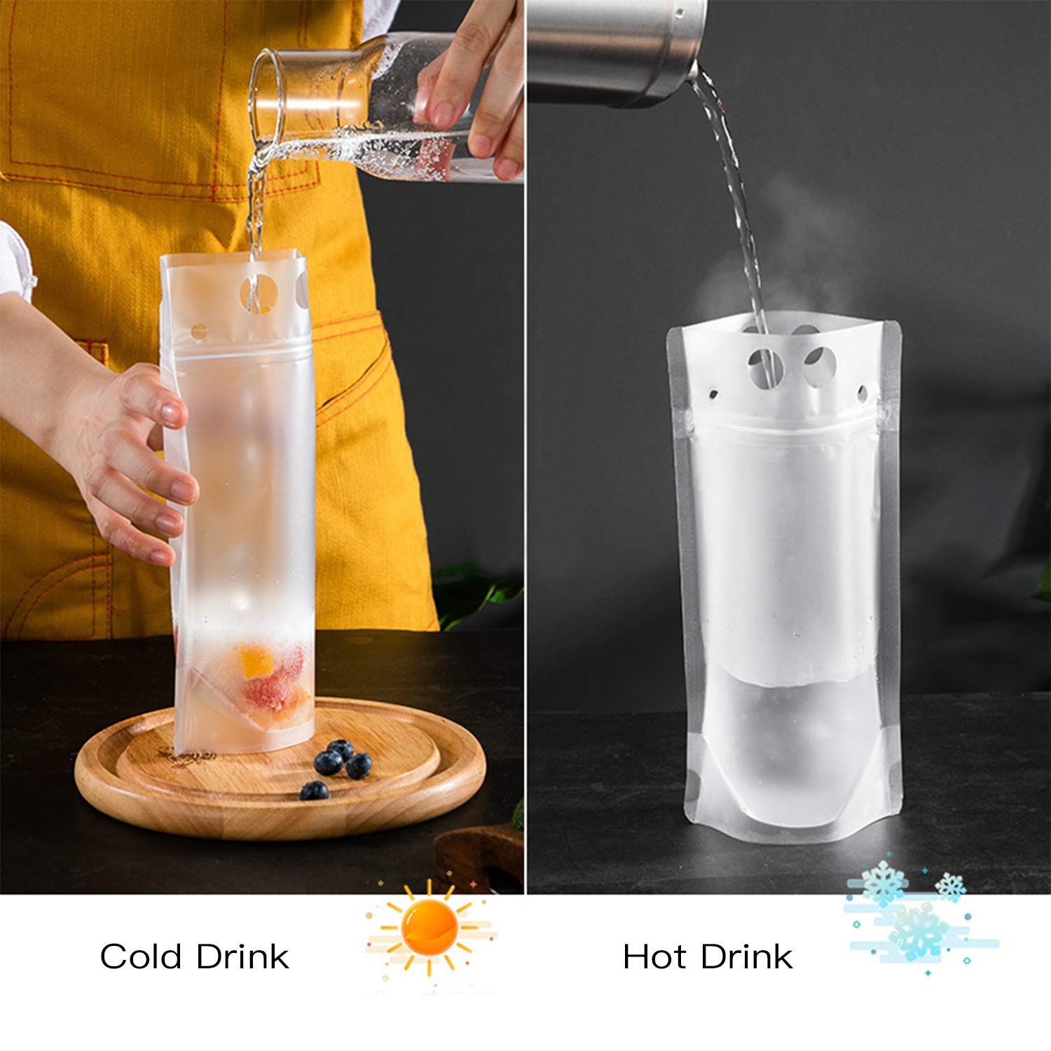 Lainrrew 50 Pcs Drink Pouches with 50 Pcs Straws, Freezable Juice Pouches Bags Reclosable Zipper Plastic Smoothie Bags Heavy Duty Hand-Held Translucent Ice Drink Pouches Bag for Cold & Hot Drinks
