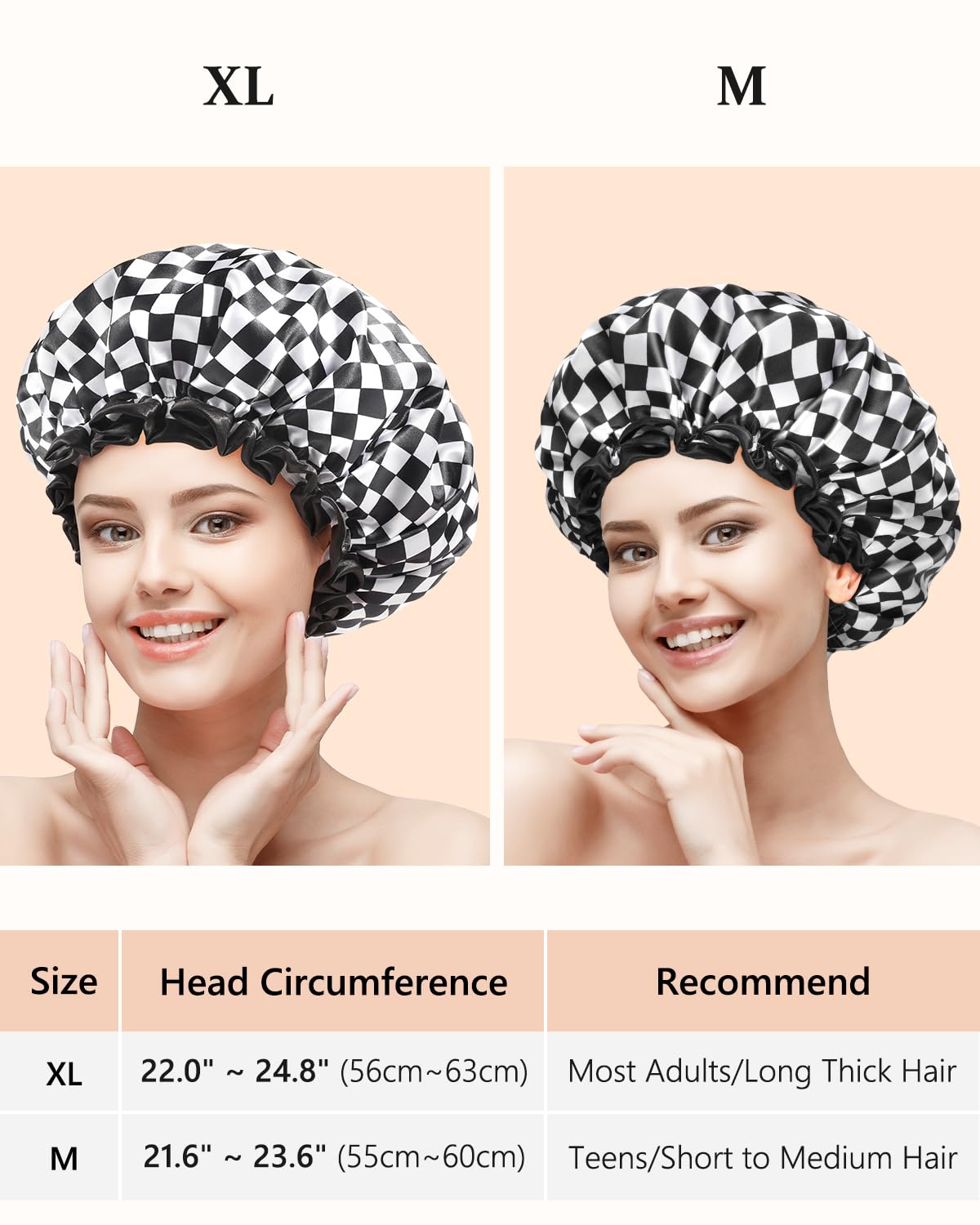 mikimini Large Shower Cap for Women Long Hair, Elegant Chessboard Design,Double-layer Waterproof, Reusable, Washable, No Odor, X-Large