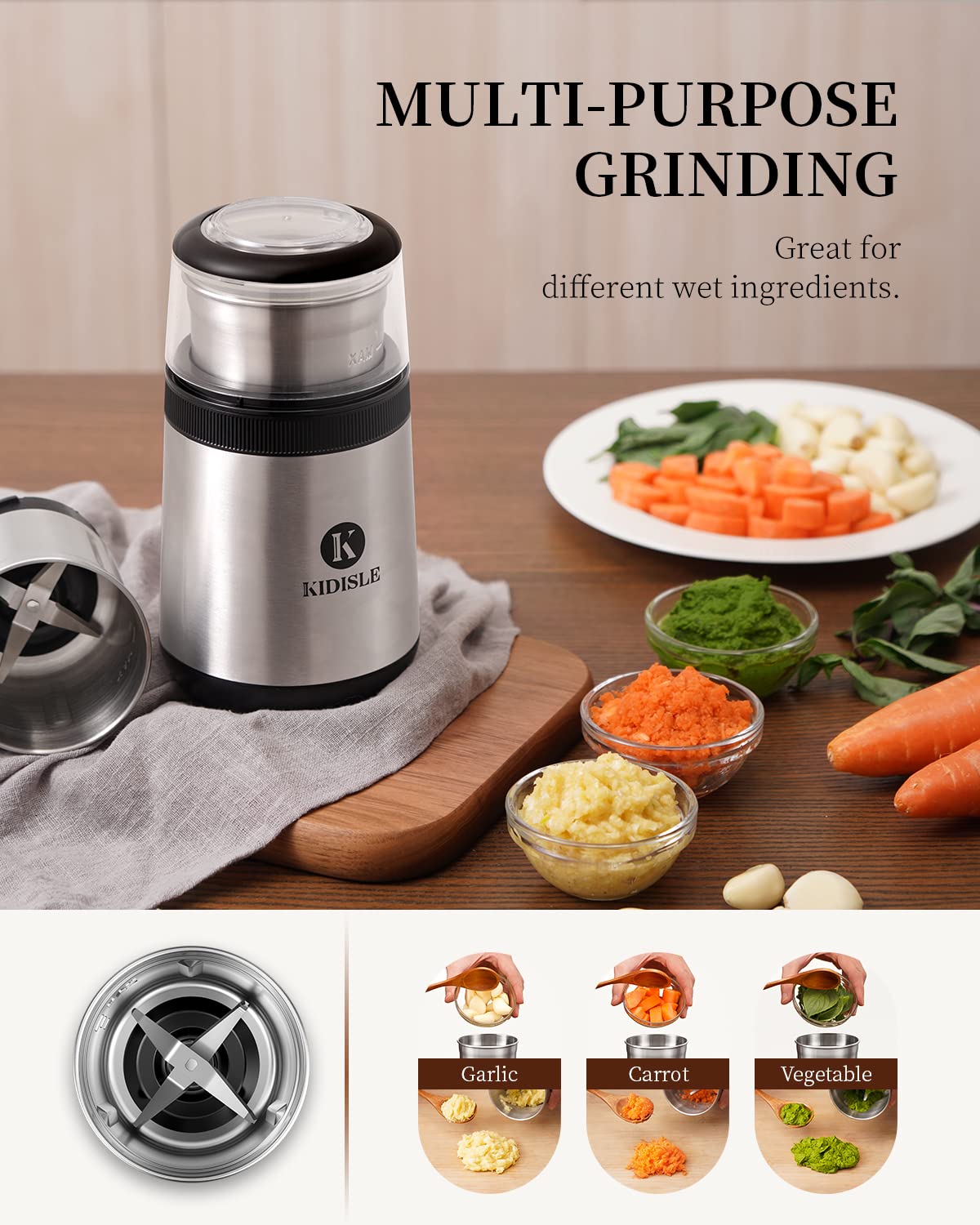 KIDISLE Coffee Grinder Electric, Herb Grinder, Spice Grinder, Coffee Bean Grinder, Espresso Grinder with 2 Removable Stainless Steel Bowl,Silver