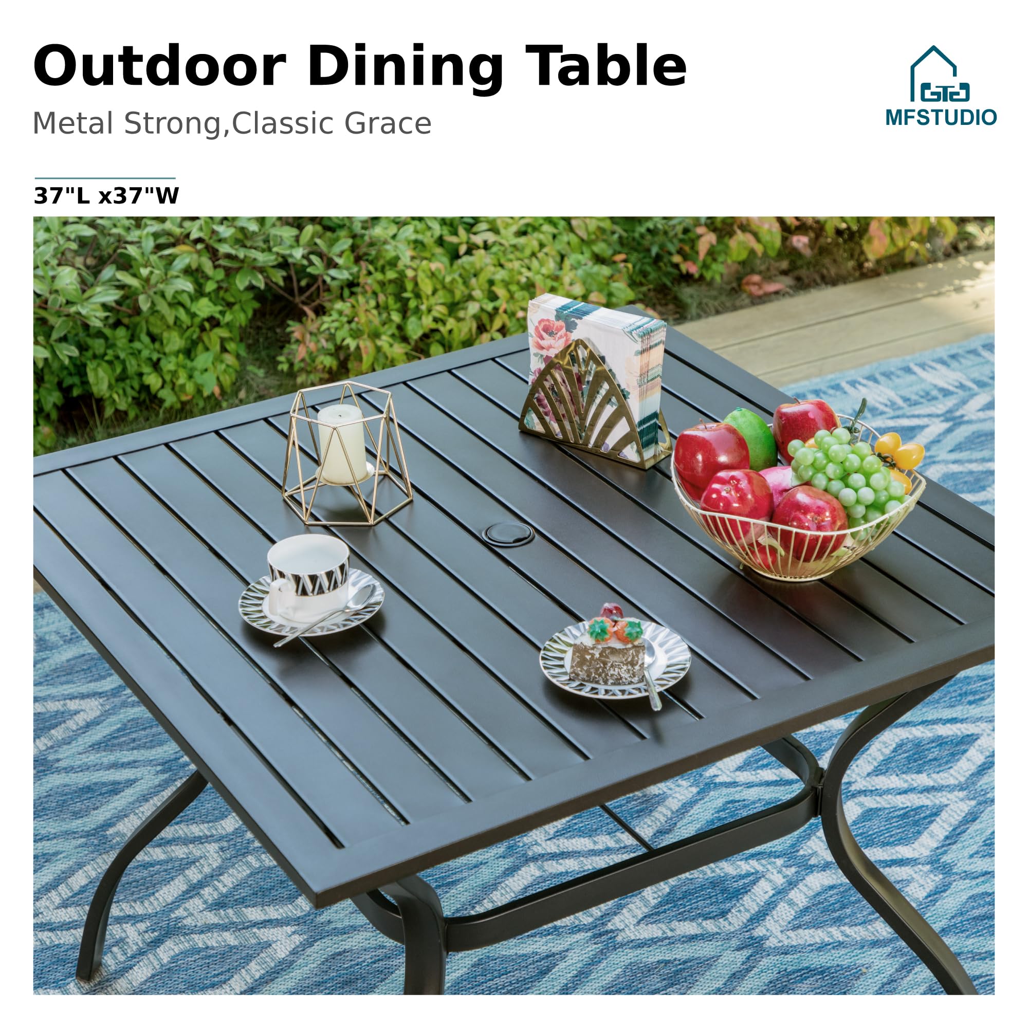 MFSTUDIO Patio Dining Set for 4, All Weather Outdoor Furniture Set with 4 Sling Swivel Chairs, 1 Square Metal Table, Light Grey Fabric