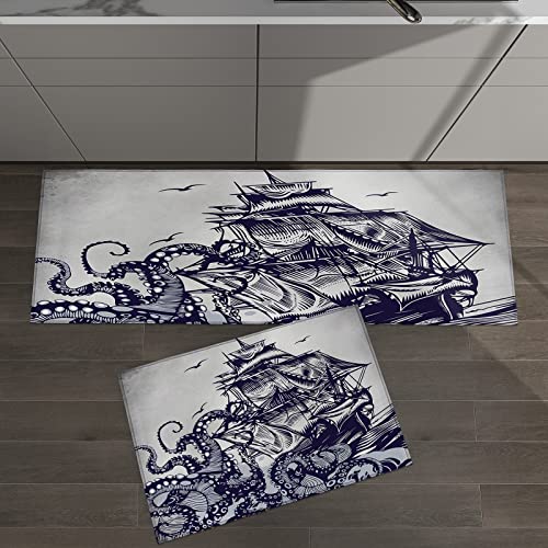 Kitchen Mats for Floor, Nautical Theme Octopus Sea Monster Kitchen Rugs, Kitchen Organization Anti-Fatigue Kitchen Mat, Kitchen Decor Runner Rug Room Decor Standing Desk Mats