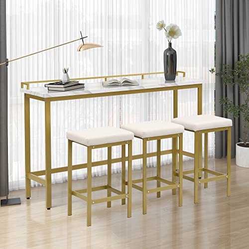 LZ LEISURE ZONE 4-Piece Counter Height Sets, Modern Extra Long Console Dining Table Set, Bar Kitchen Set with 3 PU Stools (Gold+Beige, 4 Pieces)