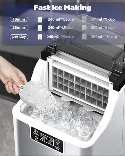 Kndko Ice Cube Maker Machine Countertop, 2 Ways to Add Water, 45Lbs/Day, 24 Pcs Ready in 13 Mins, 2.6 lbs Capacity, Ice Makers Countertop with 24H Timer for Home Bar RV,Stainless Steel Ice Maker