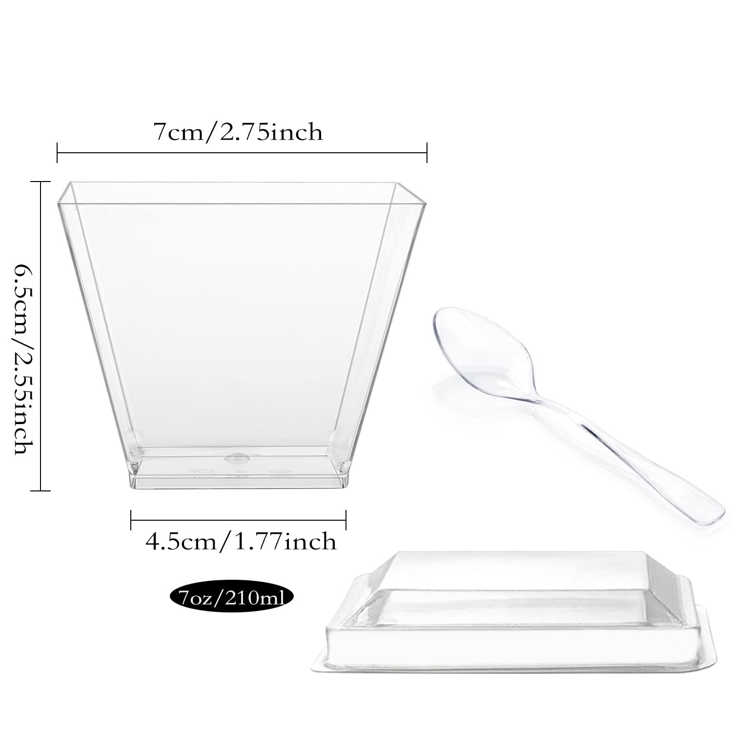 Lainrrew Dessert Cups, 50 Pack 7oz Clear Plastic Dessert Cups with Lids and Spoons Mini Square Tumbler Serving Cups Appetizer Parfait Cups for Party Tasting Mousse Pudding Yogurt