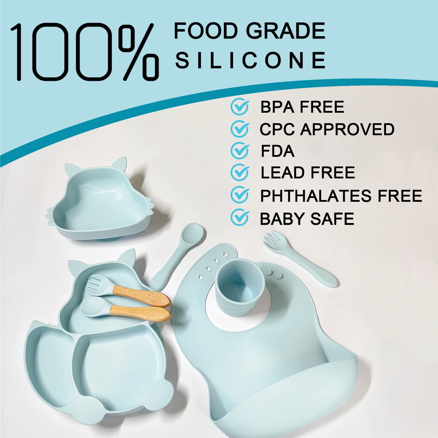 Langmeil 8 Pcs Silicone Baby Feeding Set, Baby Led Weaning Supplies, Cute Squirrel, Silicone Suction Bowl Divided Plate Adjustable Bib Soft Silicone Spoon Fork Cup, Baby Self Feeding Utensils(Blue)