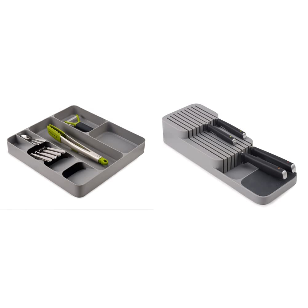 Joseph Joseph DrawerStore Kitchen Drawer Organizer Tray for Cutlery Utensils and Gadgets, Gray, 15.6 x 15.1 x 2.1 Inches & 85120 DrawerStore Kitchen Drawer Organizer Tray for Knives Knife Block, Gray