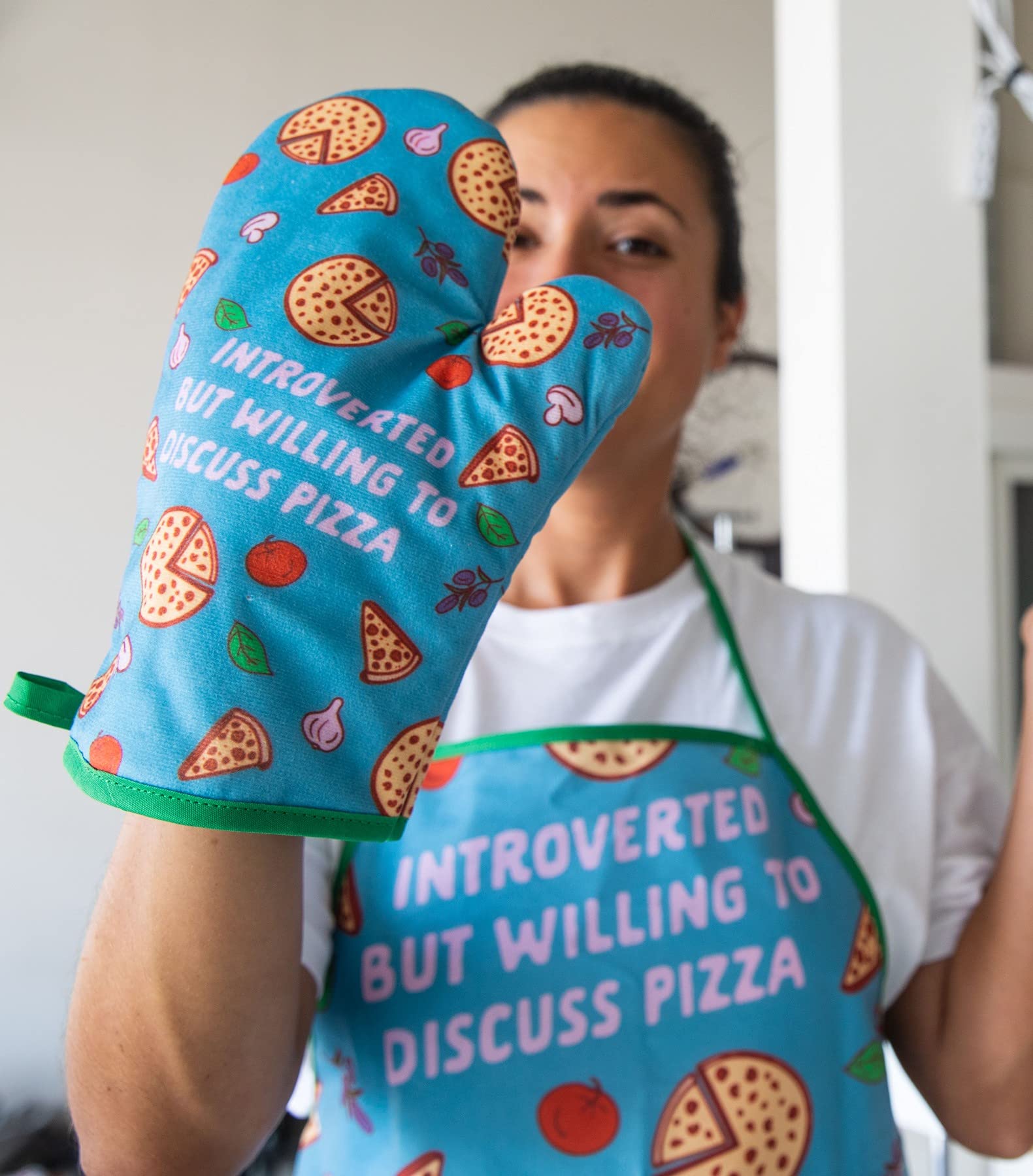 Introverted But Willing To Discuss Pizza Funny Baking Cooking Graphic Kitchen Accessories Funny Graphic Kitchenwear Funny Food Novelty Cookware Blue Oven Mitt