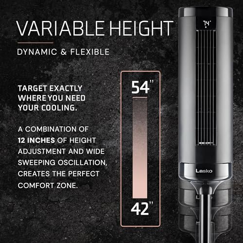 Lasko Elevation 42”-54” Adjustable Height Pedestal Tower Fans for Home, 31 ft/s Airflow, Quiet 28 dB on Low, 90° Oscillation, 12 Hour Timer, Remote Control, Black, EST100