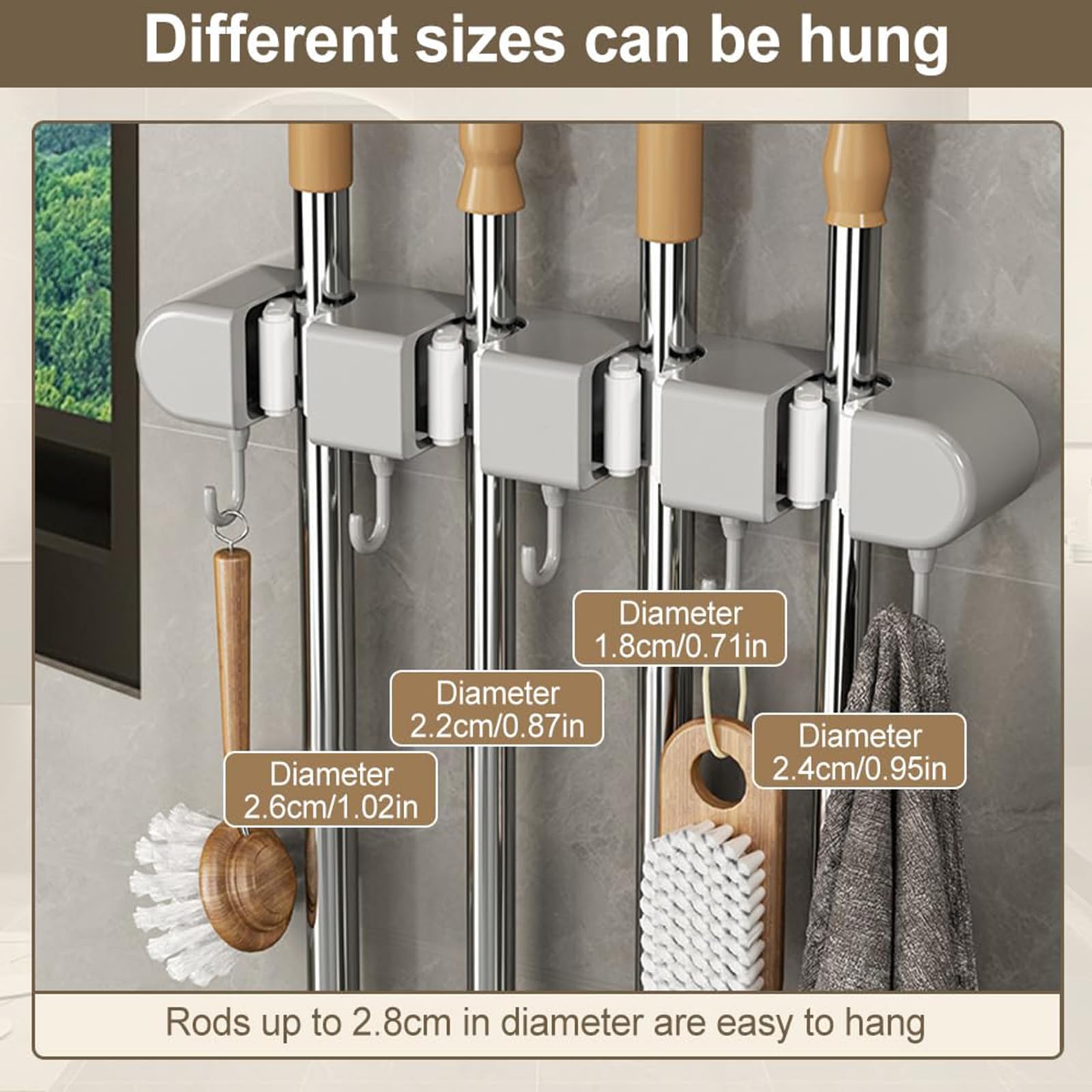 Oforest 2024 New Multifunctional Mop Holder With Hook, Punch Free Mop And Broom Holder Wall Mount Broom Rack, 4 Racks And 5 Hooks For Garage, Bathroom, Kitchen, And Garden Tool Storage (Grey*2Pcs)