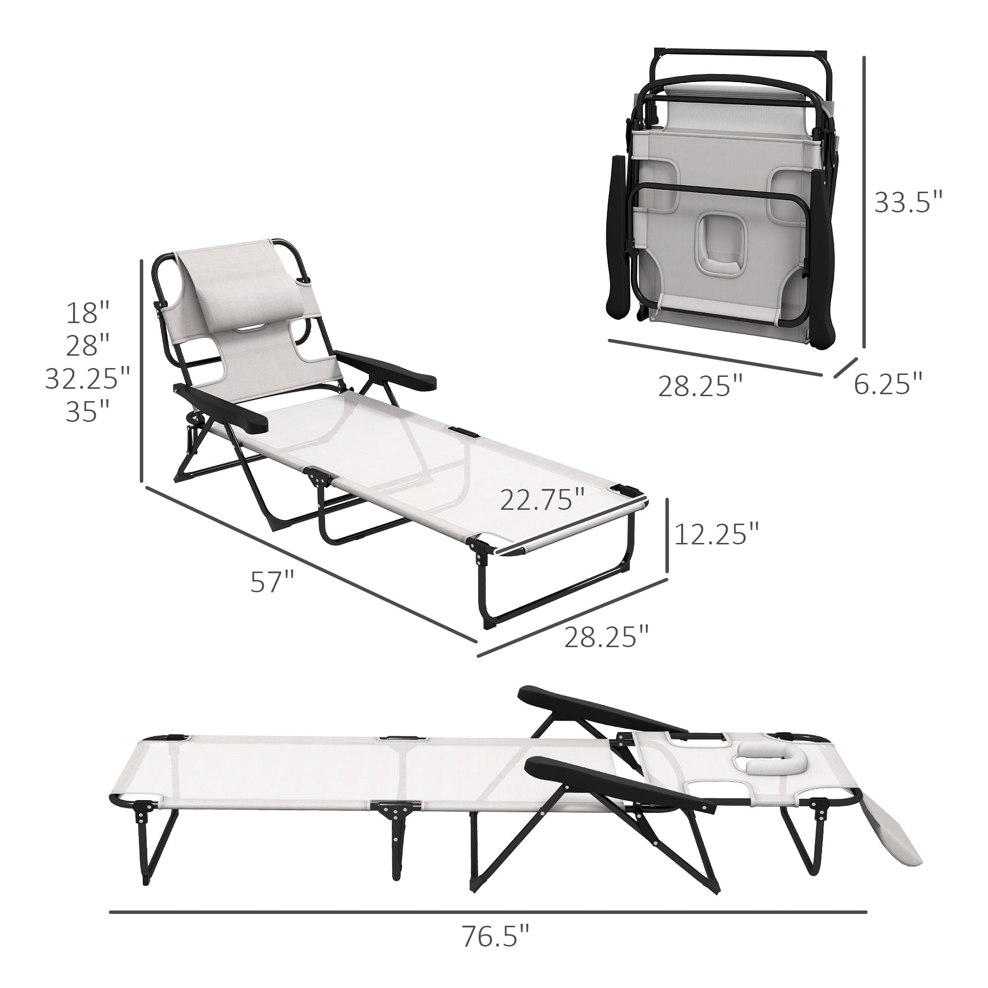 Outsunny Tanning Chaise Lounge Chair, 4-Position Beach Chair with Face & Arm Holes, Pillow headrest, Adjustable Sunbathing Chair, Cream White