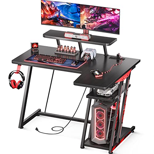MOTPK Gaming Desk L Shaped, Small Corner Desk with Storage Shelf & Power Outlets, Computer Desk with Monitor Shelf, L Shaped Desk with Carbon Fiber Surface, Gamer Desk Gaming Table, Black, 39 Inch