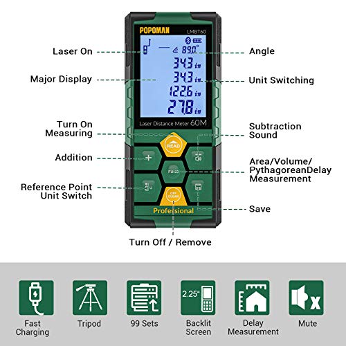 Laser Measure 196ft, POPOMAN Rechargeable with Bluetooth Laser Distance Meter, Intelligent House App for JoyPlan, 2.25' LCD Backlit, Measure Distance, Area, Volume, Pythagoras Measurement Tool