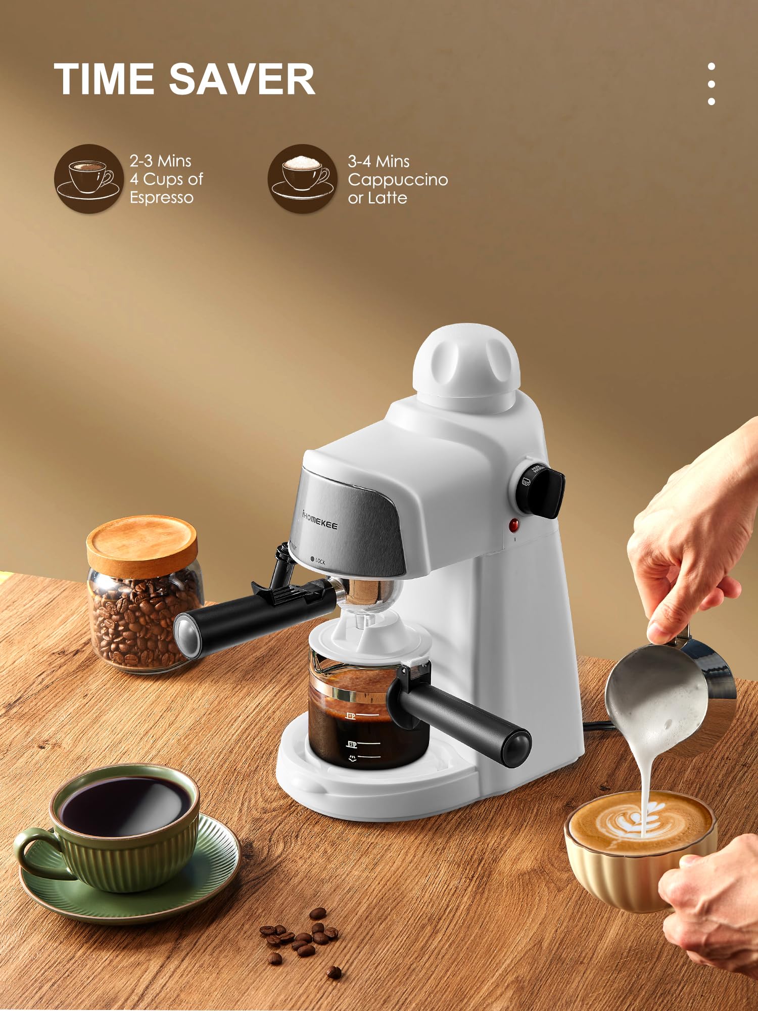 Ihomekee Espresso Machine, 3.5Bar Espresso and Cappuccino Machine with Preheating Function, 4 Cup Coffee Maker with Milk Frothing Function and Steam Wand (White), CM6810