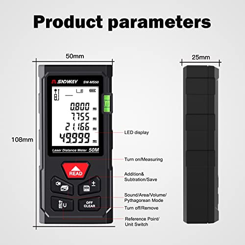 Laser Measurement Tool 165Ft, Digital Laser Distance Meter Bubble Levels, Handheld Laser Tape Measure 50M, High Accuracy Digital Tape Measure Backlit LCD, IP54, Area, Volume, Pythagoras
