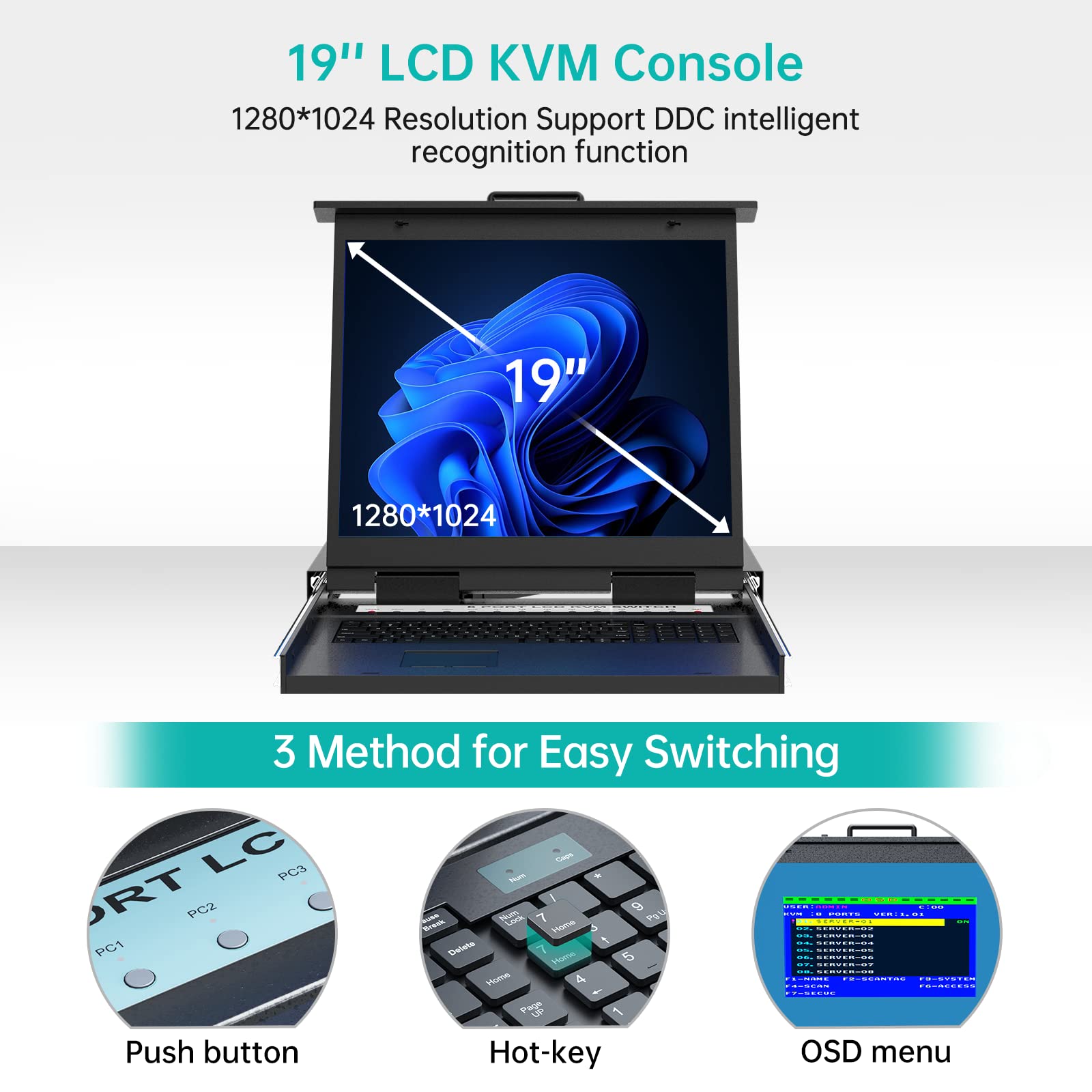 MT-VIKI 1U 19'' LCD KVM Console, 8 Port Rack Mount Monitor KVM VGA for 19'' Rack, 1280X1024@60Hz, Support OSD/Hotkey/Panel Switching, 8 Packs KVM Cable
