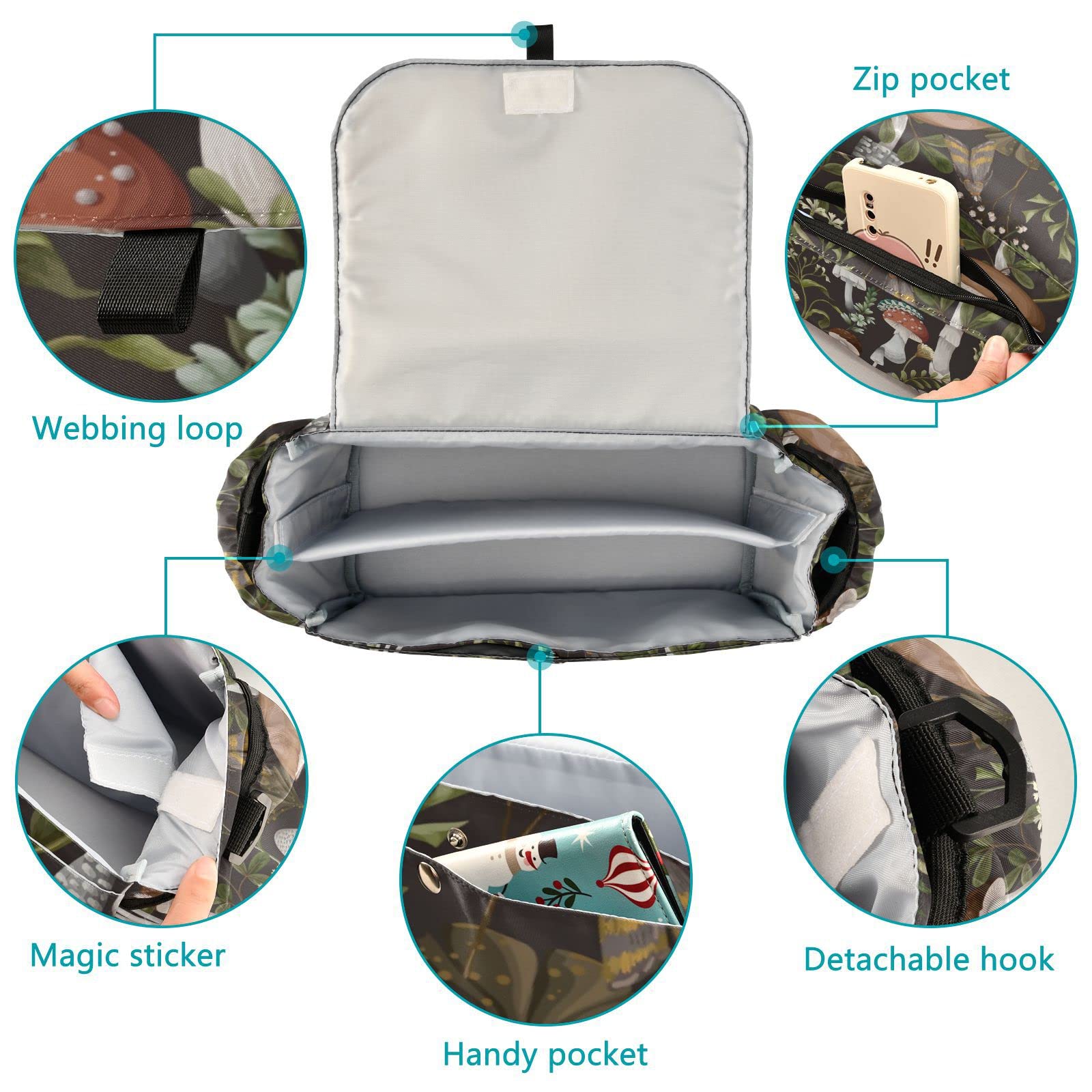 Kigai Fairytale Mushroom Baby Stroller Organizer with Cup Holders, Secure Hooks Accessories Adjustable Strap Stroller Bag for Bottle, Diaper, Phone, Toys, Baby Items