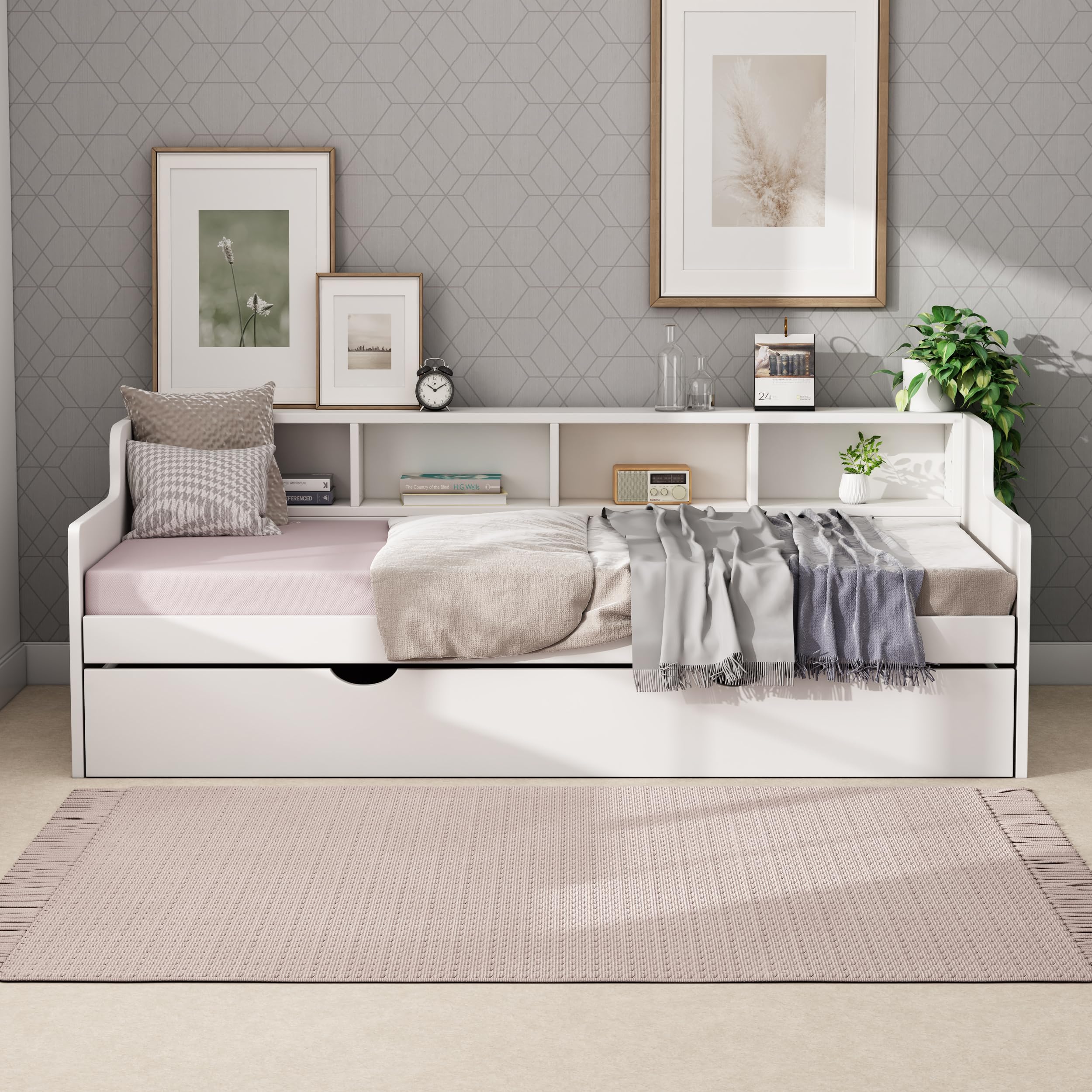OUYESSIR Twin Size Daybed with 3 Storage Drawers, Upholstered Day Bed Frame with Bookcase Headboard and Full Wood Slats for Kids Teens Adult Boys Girls, No Box Spring Needed, White