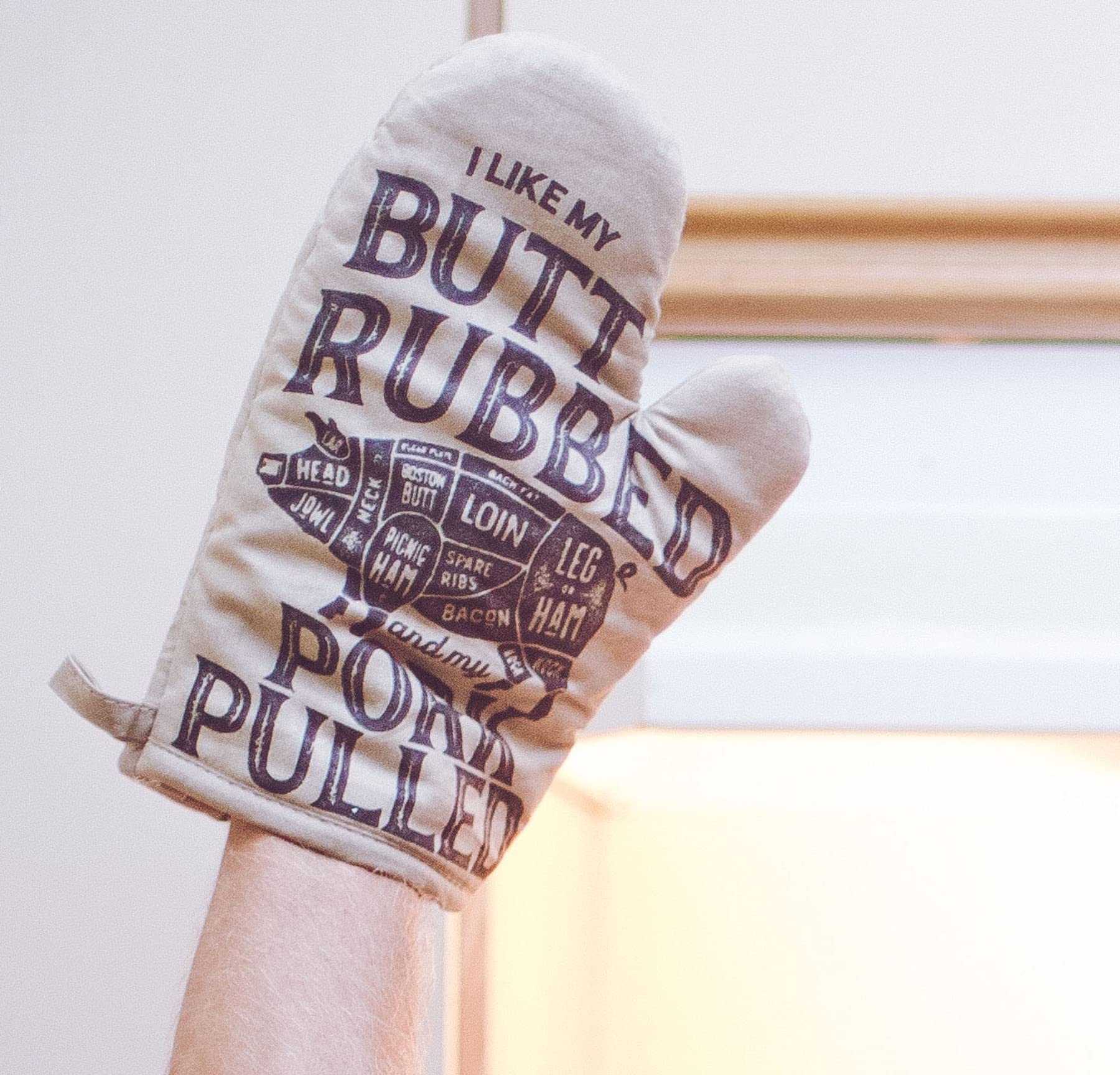I Like My Butt Rubbed and My Pork Pulled Oven Mitt Funny BBQ Grilling Cookout Kitchen Glove Funny Graphic Kitchenwear Funny Food Novelty Cookware Grey Oven Mitt