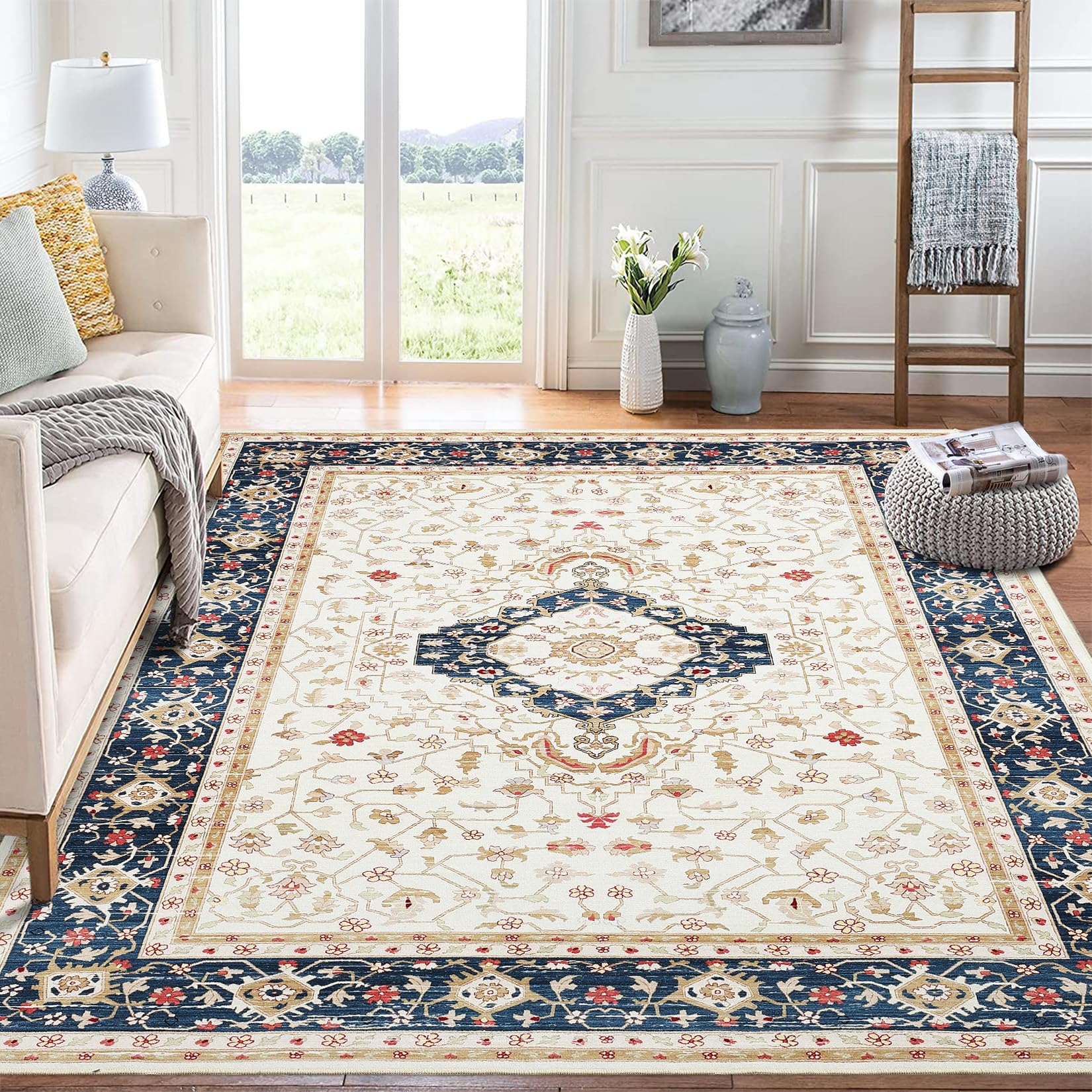 MilleLoom Washable Area Rug 9x12 Rugs Large Oriental Rug Washable Living Room Rug Vintage Rug for Bedroom Non-Slip Retro Floral Carpet Print Accent Rug for Dining Room Guest Room Office