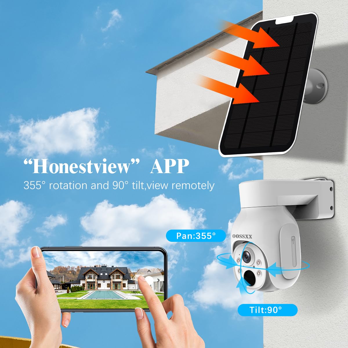 OOSSXX (PT Digital Zoom 100% Wire-Free) 2-Way Audio Wireless Solar Cameras, Solar Battery PIR Detection Outdoor Wireless Security Camera System Video Surveillance System (4-Cams 63G)