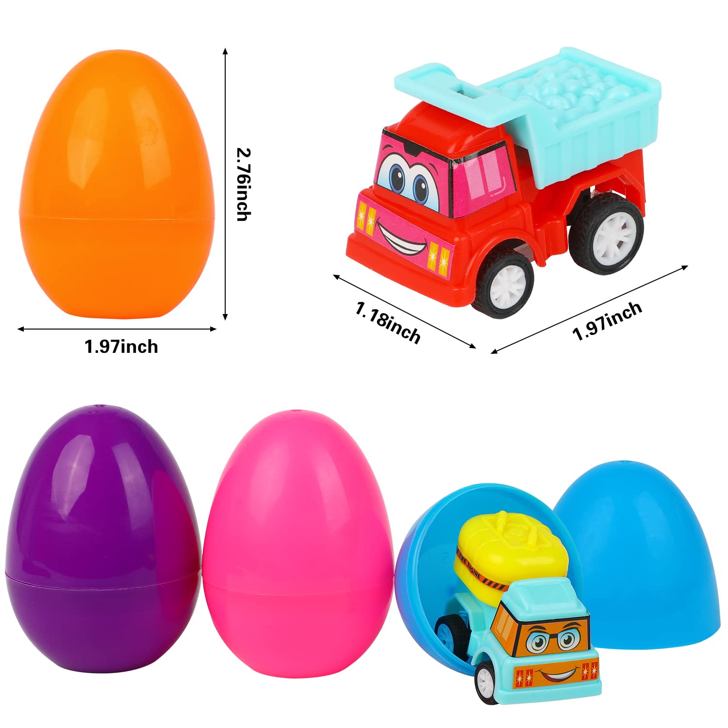 LOKIPA 12PCS Easter Eggs Filled with Pull-Back Car Toys, Plastic Easter Eggs Engineering Vehicles Toys for Easter Egg Hunt, Basket Stuffers Filler and Kids Birthday Party Favors