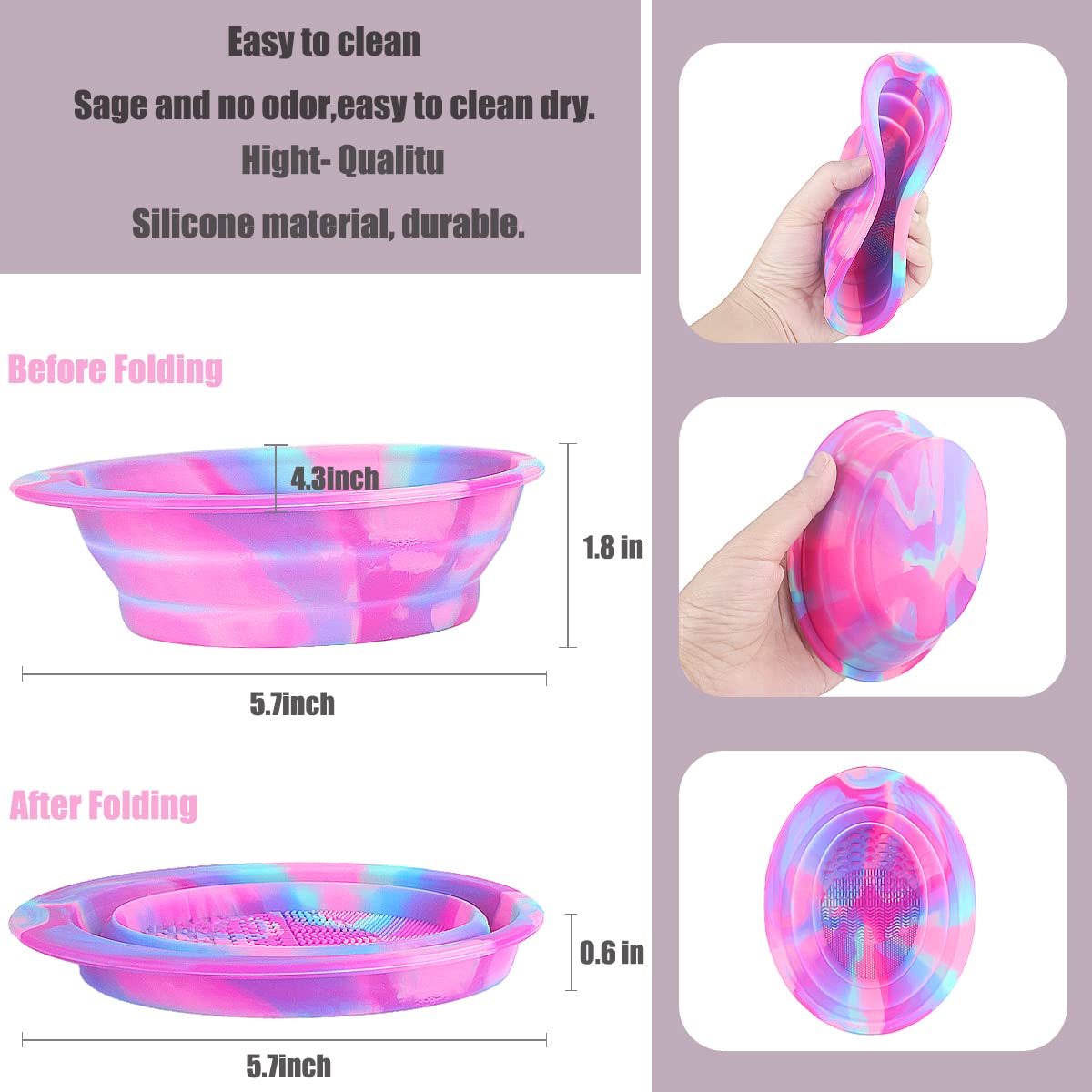 Makeup Brush Cleaning Mat Foldable Environmental Silicone Cleaning Bowl, Brush Cleaning Pad Easy Clean Girl Makeup Brush Cleaner Washing Tools (Colorful)