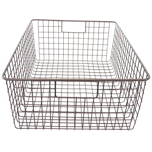 Kitchen Basics 101 Large Farmhouse Metal Wire Storage Basket Bins with Handles 16" x 12" x 6" Closets, Shelves, Cabinets, Bathrooms (Bronze, 2)