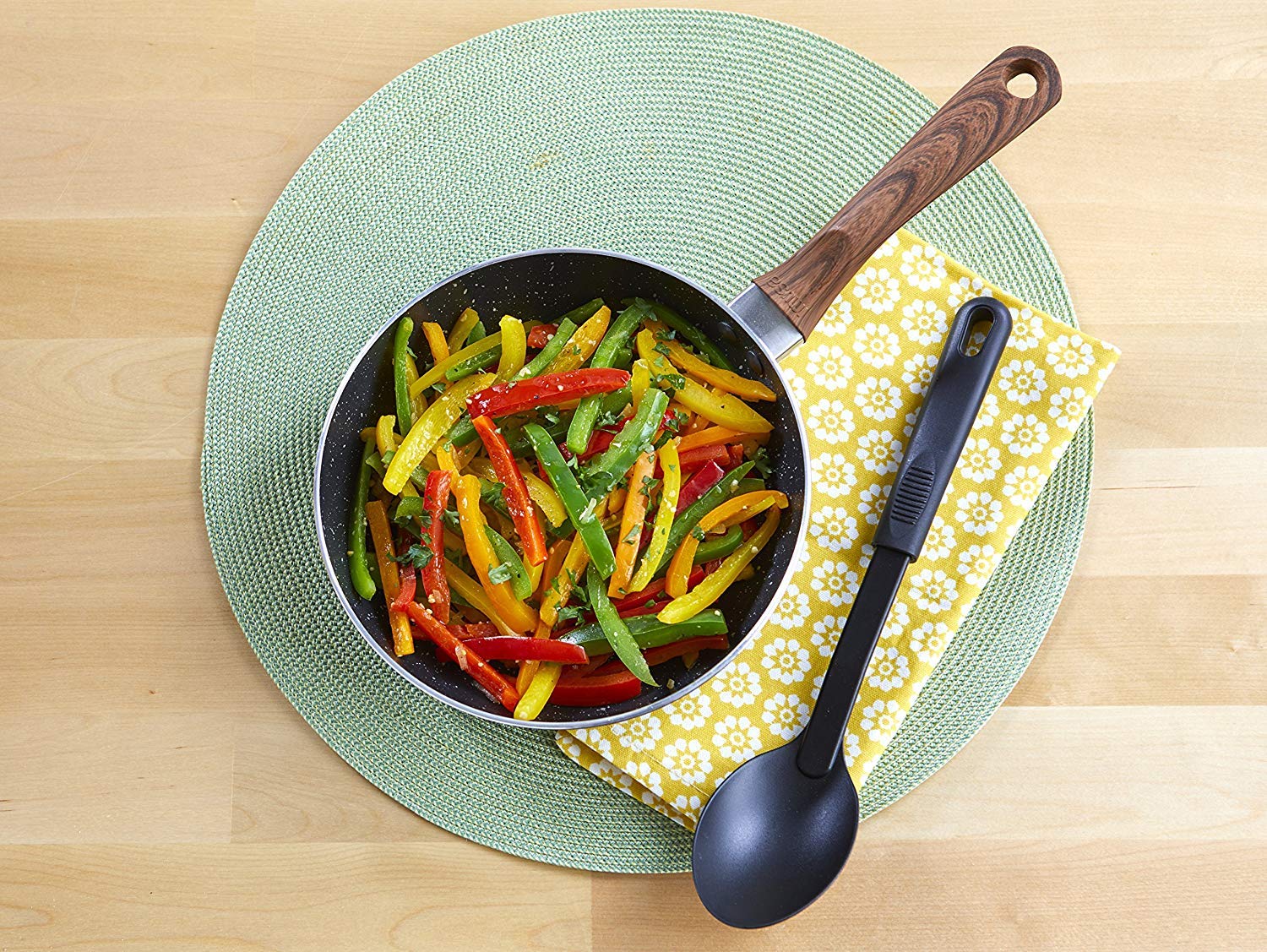IMUSA USA 9.5" Black Stone Nonstick Fry Pan with Woodlook Handle and Speckled Nonstick Interior