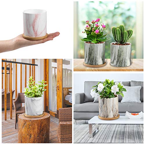NOIRUC-CZ 6 Pack Succulent Plant Pots, 3 inch Marble Texture Mini Ceramic Planters with Drainage Hole and Bamboo Tray Small Flower Pot Modern Decor for Garden, Balcony, Office