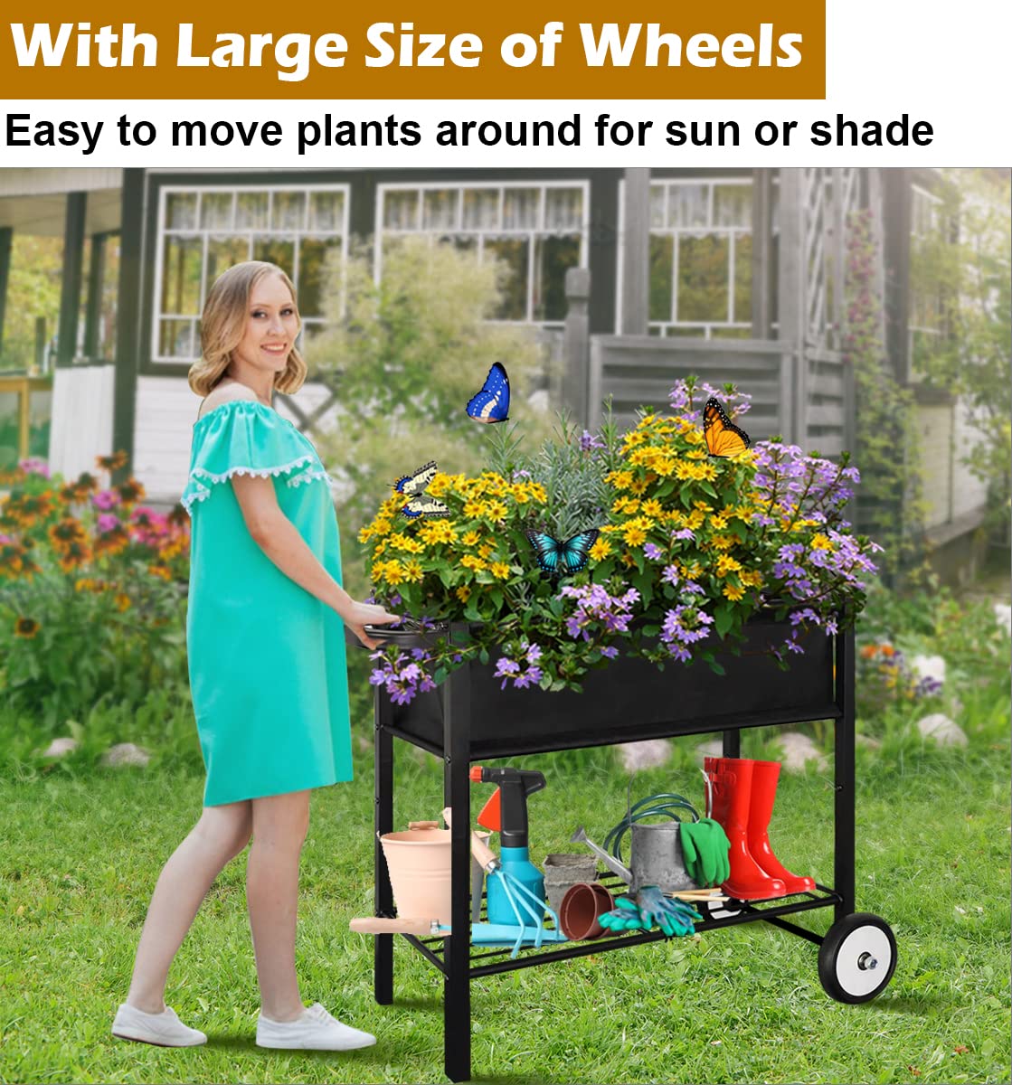 Koutemie Outdoor Raised Planter Box with Legs for Gardening, Elevated DIY Garden Bed Cart on Wheels for Vegetables Flower Tomato Herb Plant, Black