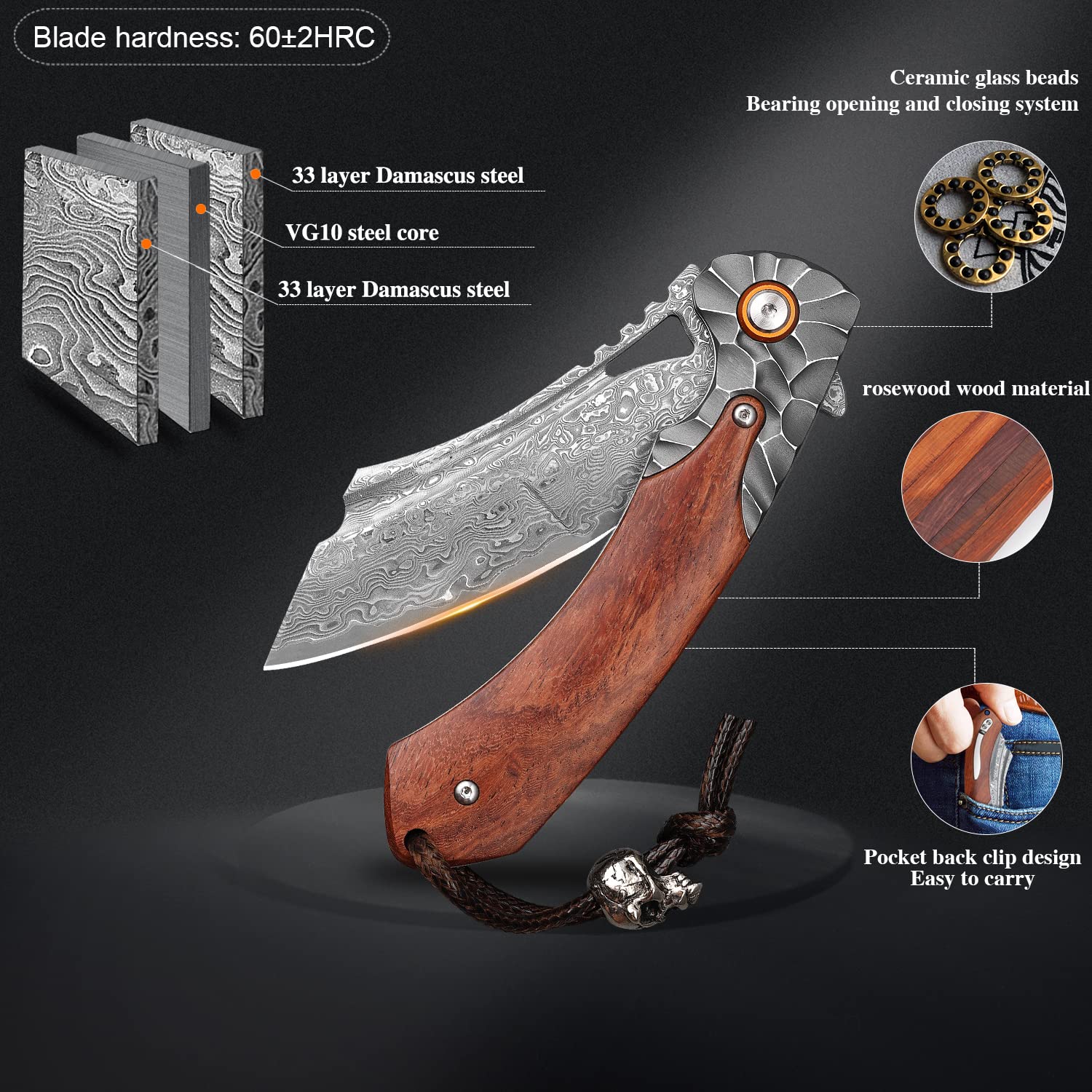 Minowe men's pocket knife Damascus Steel Handmade Folding Knife,3.5 in blade rosewood handle,with leather case ,Liner Lock Steel ball bearings,pocket clip ,EDC Camping Outdoor Survival Knife