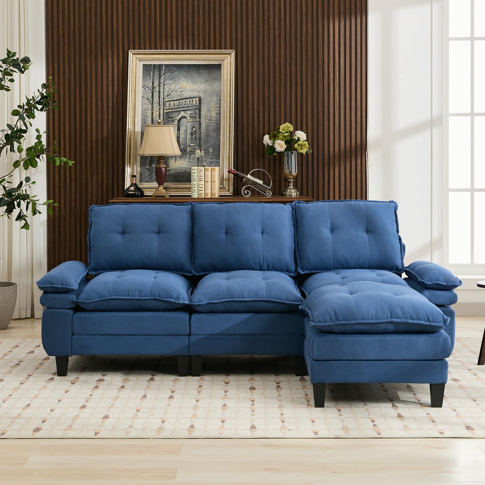 Modern Sectional Cloud Couch Deep 3-Seat, L Shape Sofa Couch with Moveable Ottoman, Adjustable Wide Arm, Comfy Upholstered Sleeper Sofa for Living Room and Small Apartments, Office