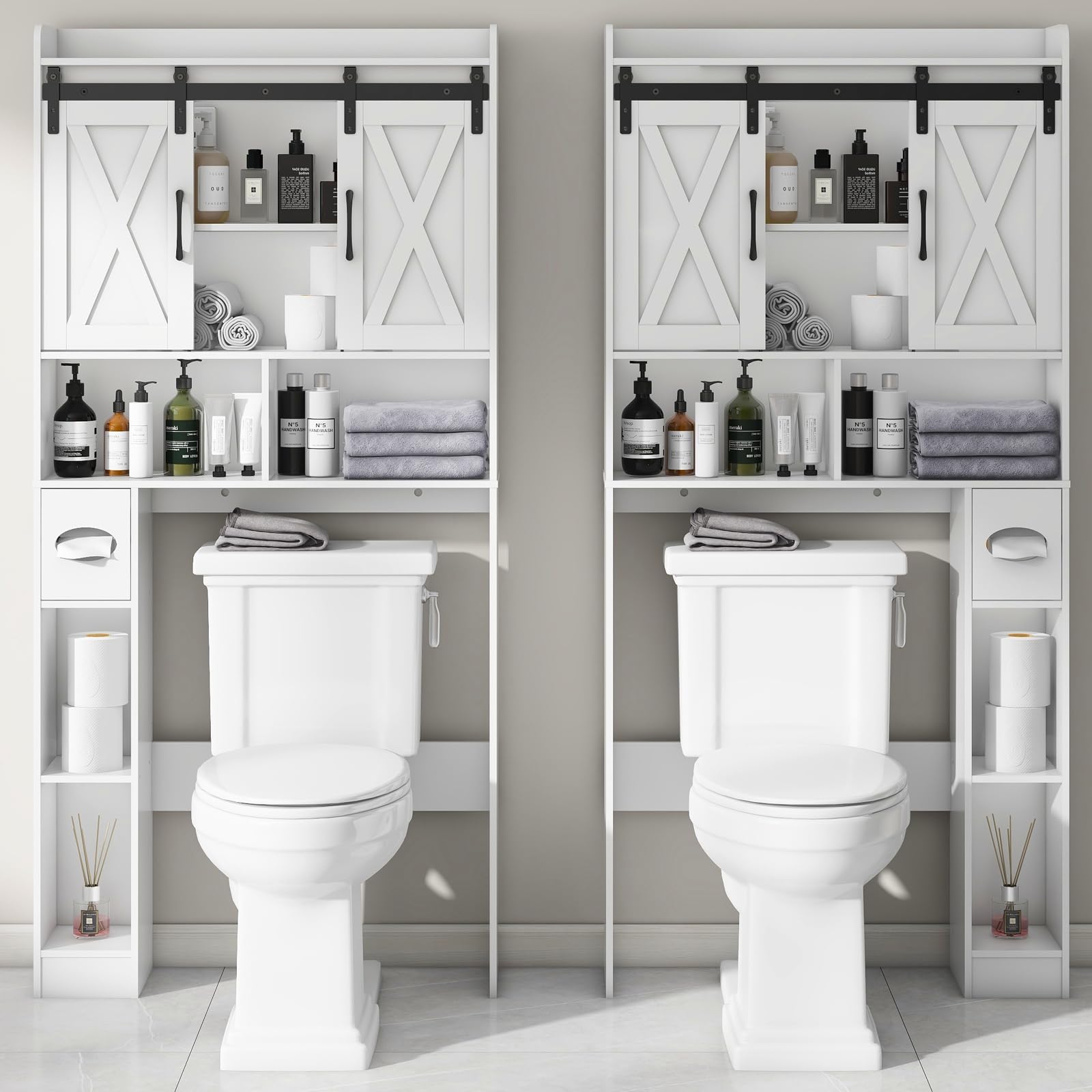 Over The Toilet Storage Cabinet, Farmhouse Storage Cabinet Over Toilet with Sliding Doors,Home Space-Saving Toilet Rack, for Bathroom, Restroom, Laundry