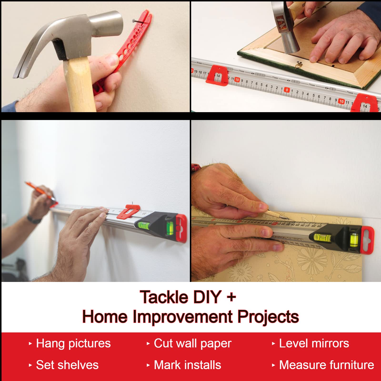 Kapro - 313 Measure Mate and 245 Mini Level Bundle - Home-Improvement Tool - With 12” Ruler and Level - Features Sliding Markers, Knife Guide & Angle Finder - Includes Nail Gripper & Drill Bit Gauge