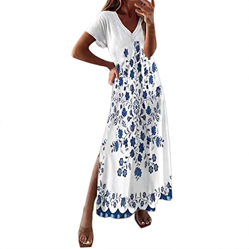 Leather Women Spring Summer Dresses Loose Casual Dress Floral Ink Print Slit Short Sleeve Long Elegant Flowy White