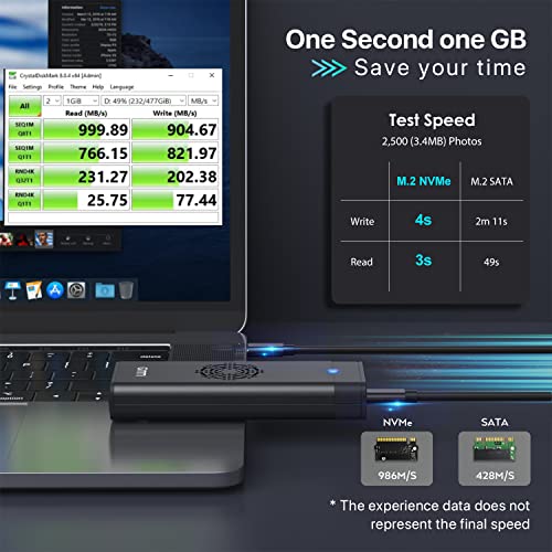 M.2 NVME SSD Enclosure with Cooling Fan, 10 Gbps USB C 3.2 Gen 2 PCIE NVME Adapter, 6Gbps SATA, M.2 Reader with Aluminum Case Support UASP Trim for PCIe M-Key(B+M Key) SSD 2242/2260/2280