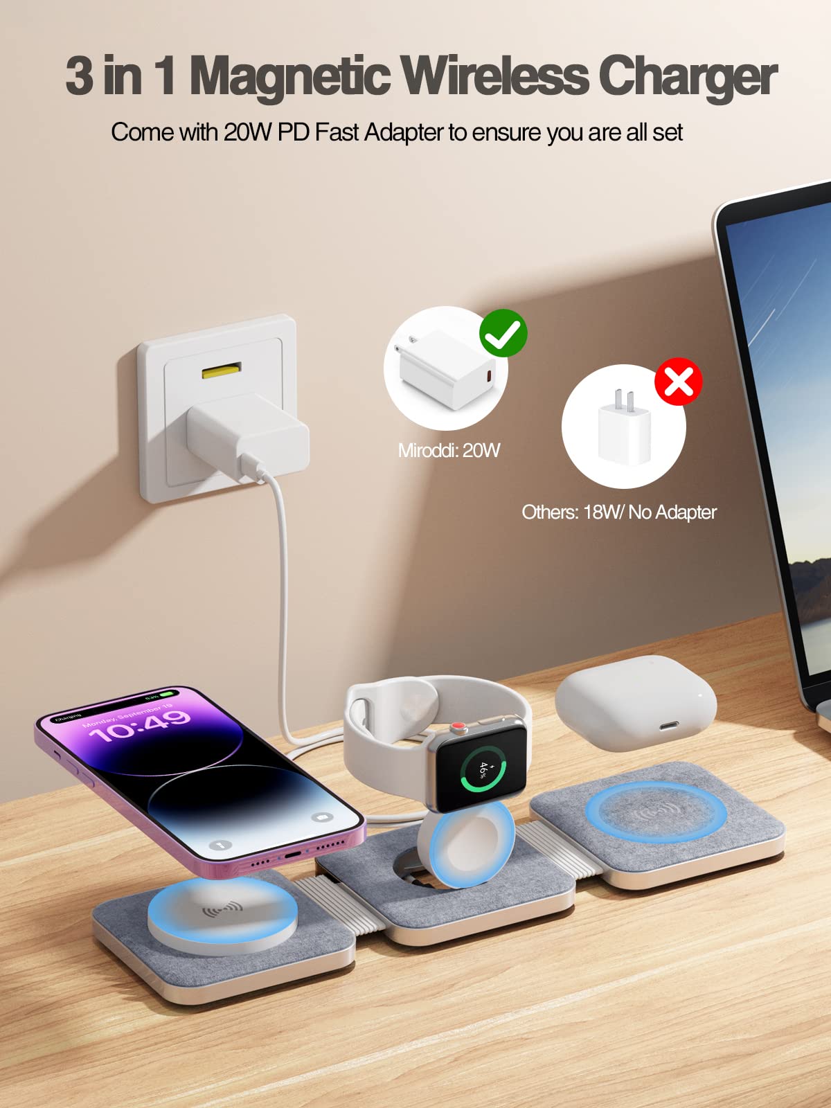 Miroddi MC-01 3 in 1 MagSafe Wireless Charger, Foldable Wireless Charging Station for Travel, Fast MagSafe Wireless Charging Pad for iPhone 14/13/12, Apple Watch & Airpods with 20W PD Adapter, Gray