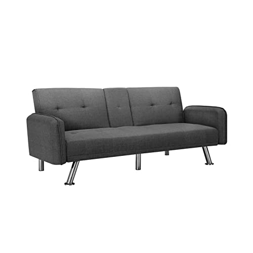 OYN Modern Futon Sofa Loveseat Convertible Sleeper Couch Bed Futonbed for Living Room Apartment Small Space Furniture Sets with 2 Cup Holders,Metal Legs, Removable Soft Square Armrest,Dark Gray