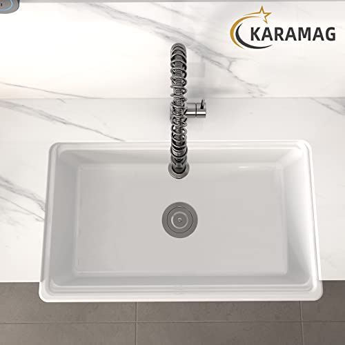 KARAMAG 33 Inch Workstation Farmhouse Kitchen Sink with Accessories, Reversible Apron-Front Single Bowl Kitchen Sink Ceramic White Farm Sinks Undermount For Kitchens