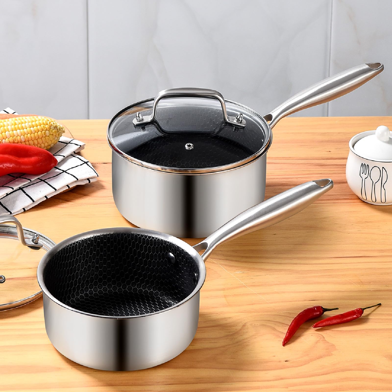 LOLYKITCH 1.5-2.5 QT Hybrid Tri-Ply Stainless Steel Saucepan Set with lids,Sauce Pots,Induction Pots and Pans Set,Anti-Scratch,Dishwasher and Oven Safe.