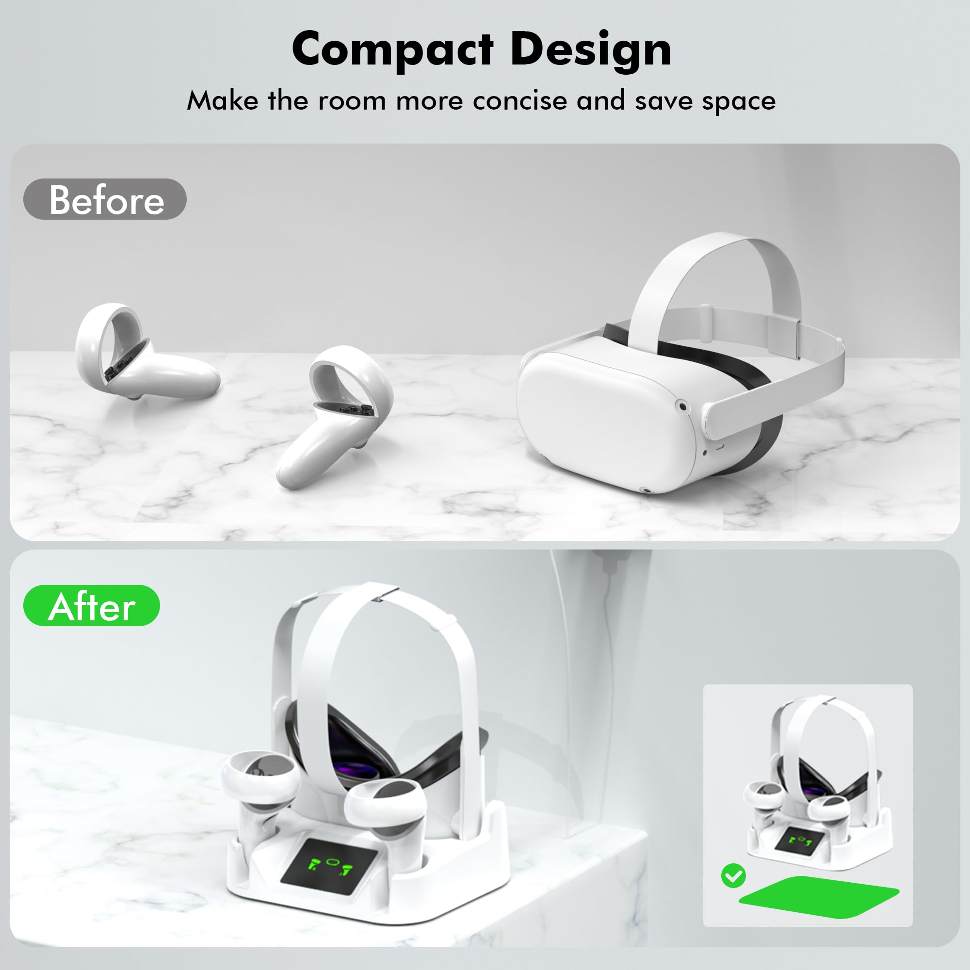 Kuject Charging Dock for Quest 2 with LED Display, Compact Charging Station for VR Headset and Controllers, Magnetic Charging Stand Accessories with 2 Rechargeable Batteries, USB-C Charger and Cable