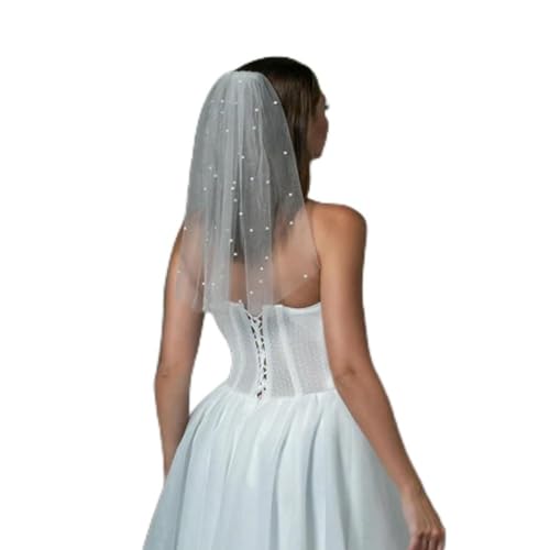 LUXCASTLE White Pearl Bride Veil Short Wedding Veil Bridal Veils Bachelorette Party Veil for Women and Brides