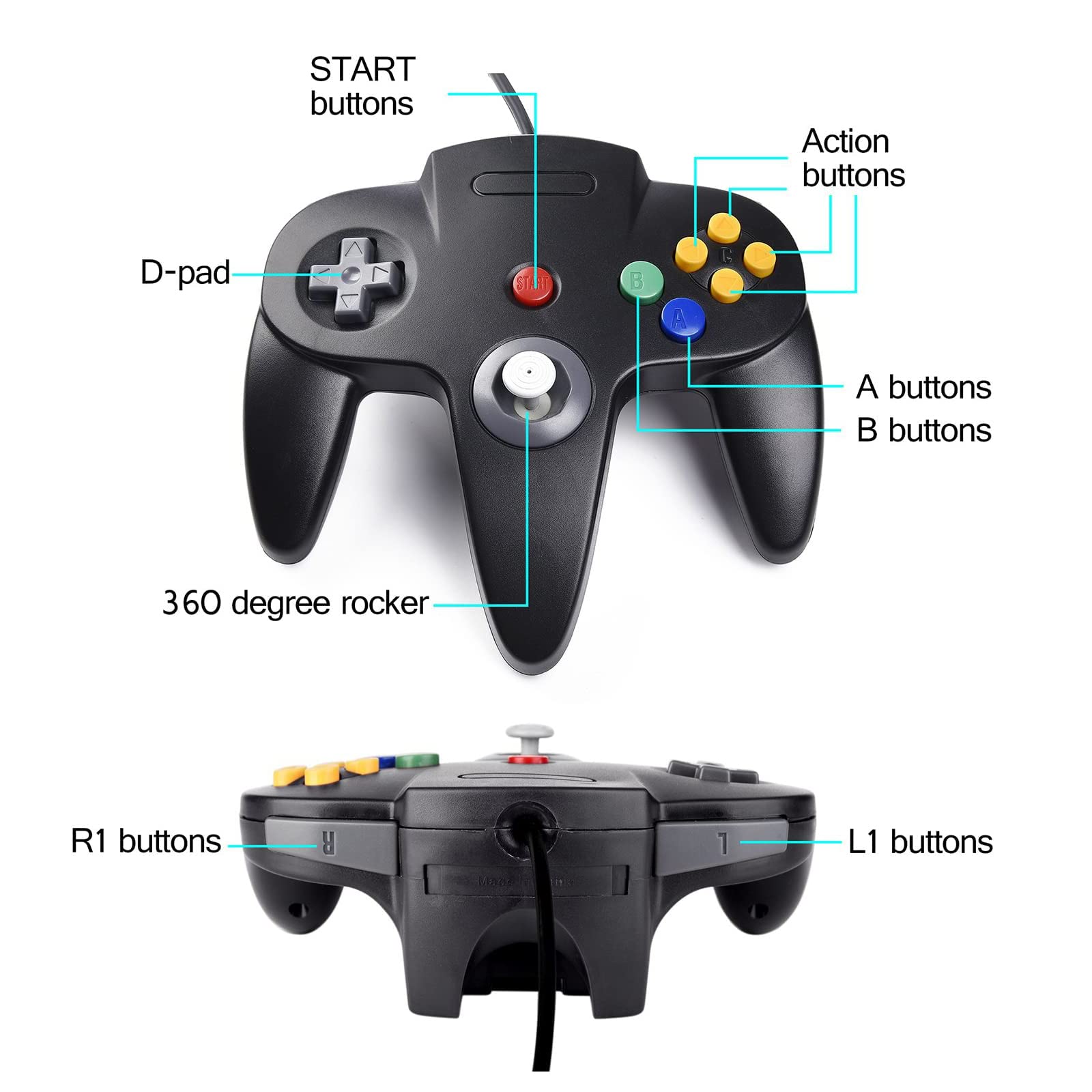 JINHOABF Classic N64 Controller,Wired N64 64-bit Gamepad Joystick for N64 Console(Black)